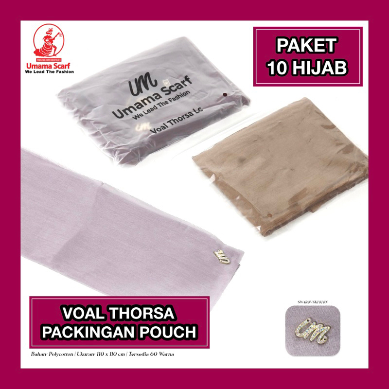 Jual 10 Hijab Segi Empat Polos Voal Thorsa Metal logo LC Pouch ...