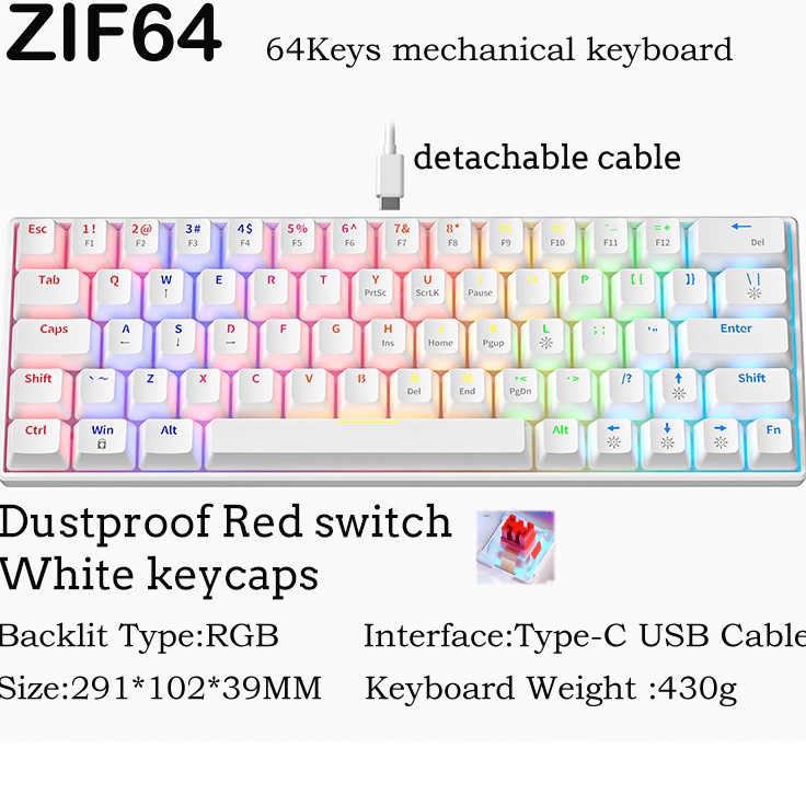 Jual Klasik ZIFRIEND KA646 63 Keys RGB Backlit Wired Black Mechanical ...