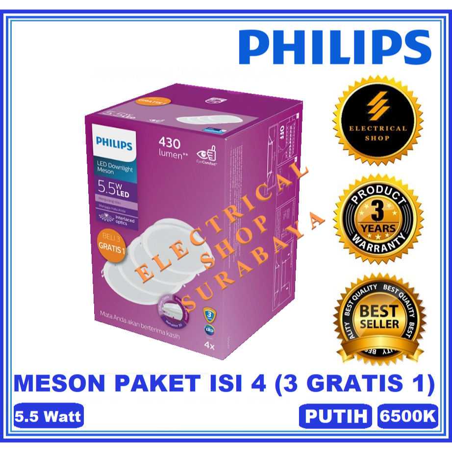 Jual PAKET ISI 4 PHILIPS DOWNLIGHT LED MESON PAKET 5.5W 5.5 WATT 090 ...