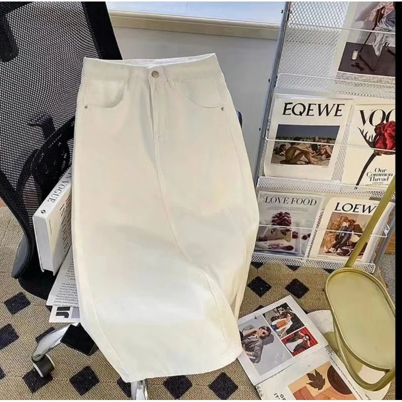 Jual Highwaist Rok Jeans A-Line 7/8 Skirt Premium Warna Cream || Rok ...