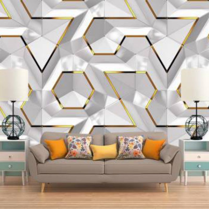 Jual Wallpaper Sticker Dinding GEOMETRIS 3D Abu Muda Gold Dekorasi ...