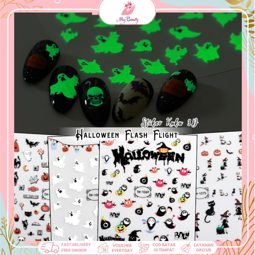 Jual MSY Stiker Kuku 3D Motif Halloween Flash Flight/Sticker Nail Art ...