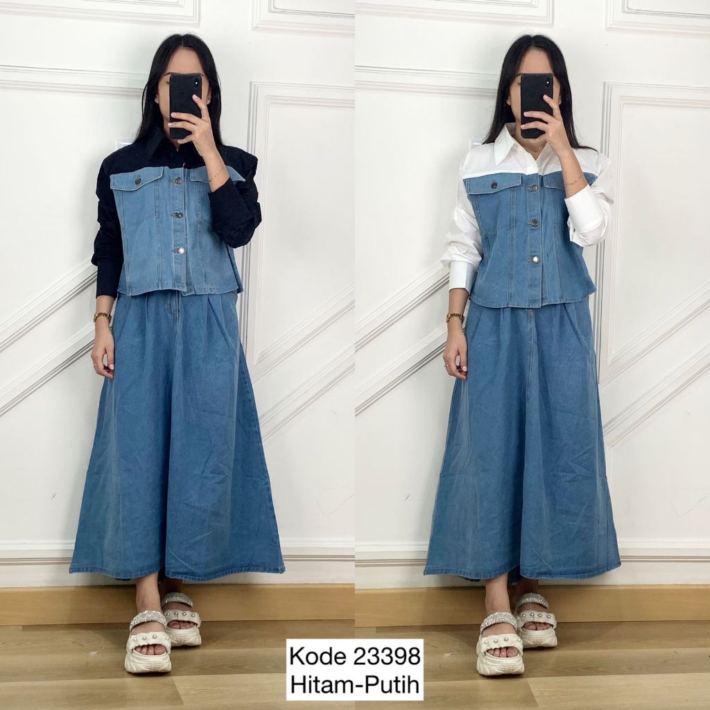 Jual 23398 ONE SET JEANS BLUE DENIM MIX KATUN POLOS MODEL CROP TOP ...