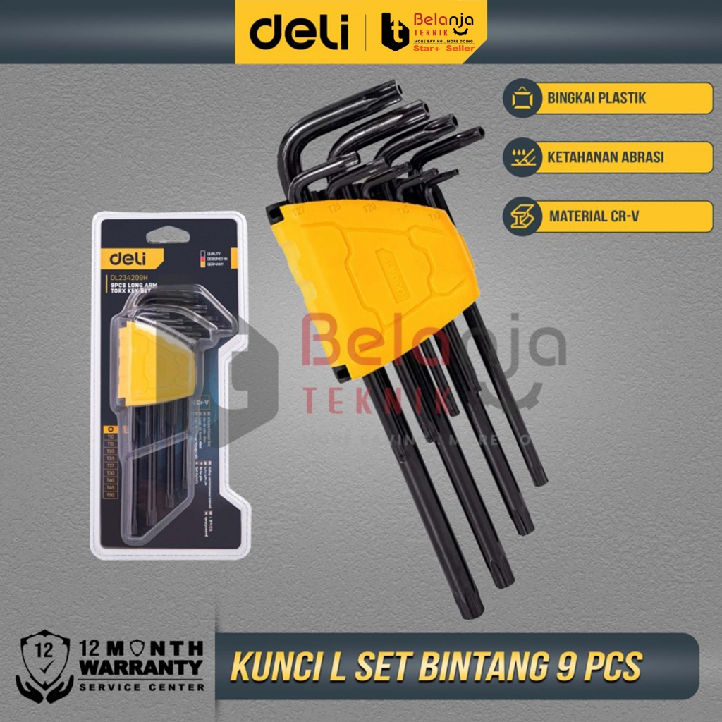 Jual Deli Kunci L Set Bintang 9 Pcs T10-T50 Lubang Panjang Torx Hex Key ...