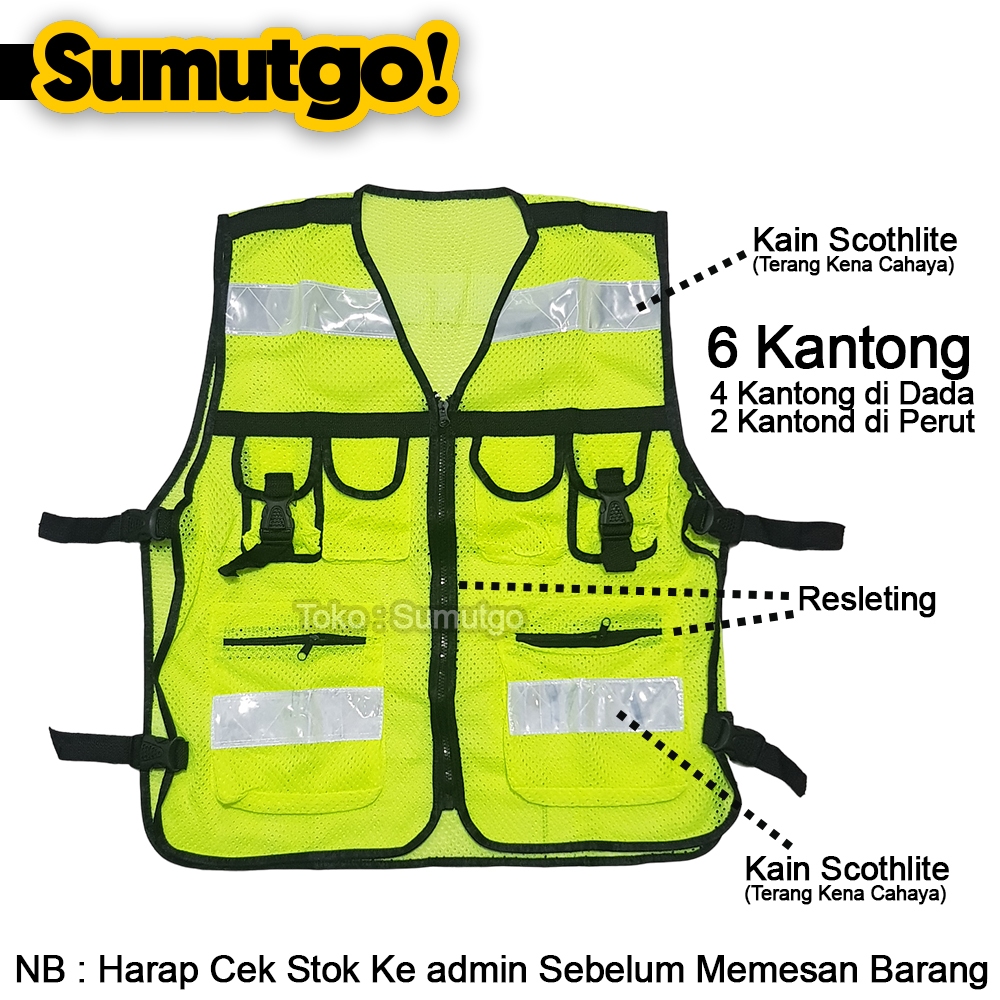 Jual Rompi Proyek 6 Kantong Warna Hijau Stabilo Bahan Jaring / Rompi ...