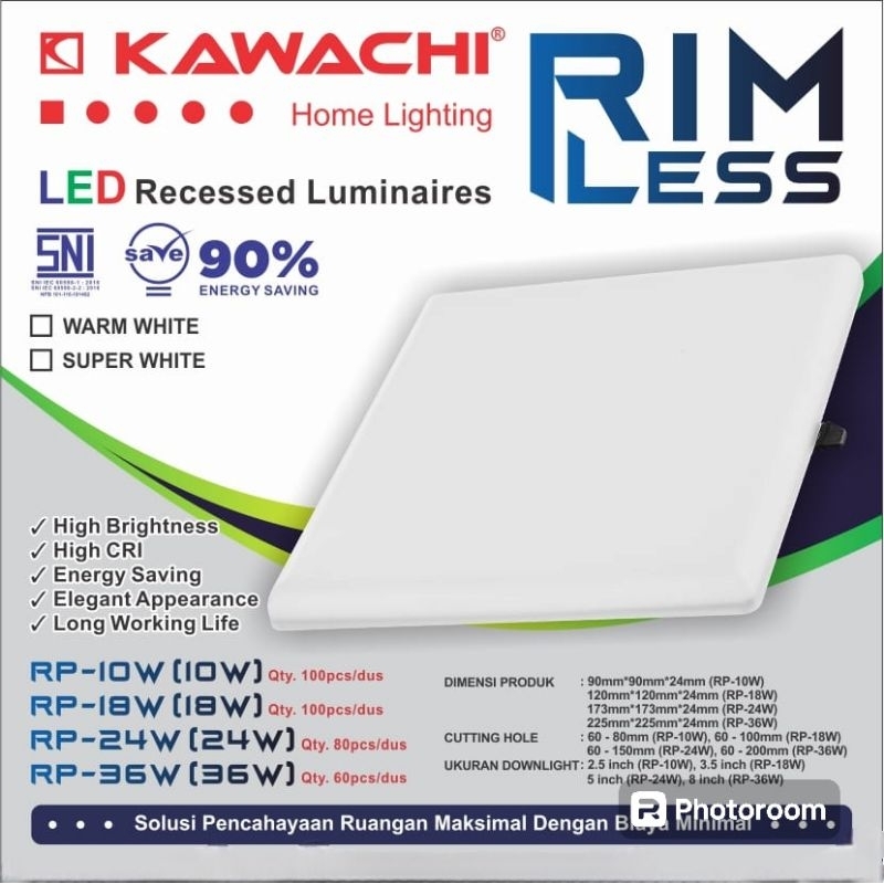 Jual LAMPU LED PANEL DOWNLIGHT RIMLESS (Ukuran 2,5inchi) KAWACHI 10WATT ...