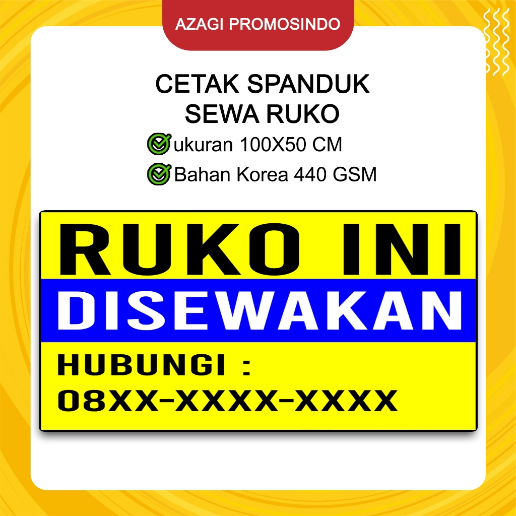 Jual Cetak Spanduk Sewa Ruko Ukuran 100X50 Bahan Flexy Korea 440 Gsm ...