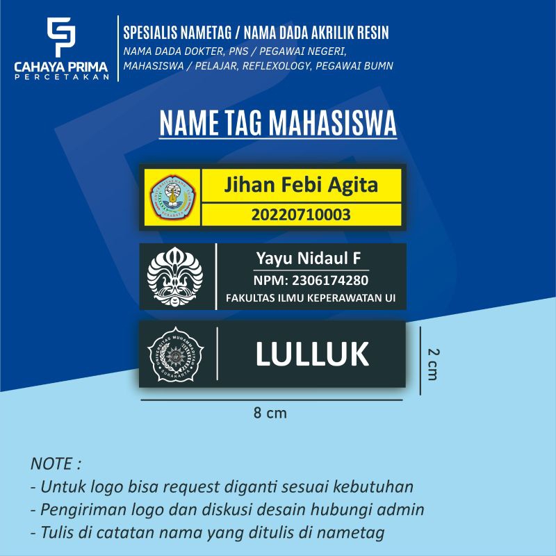 Jual Nametag papan nama dada Pelajar Siswa Mahasiswa Mahasiswi Guru ...