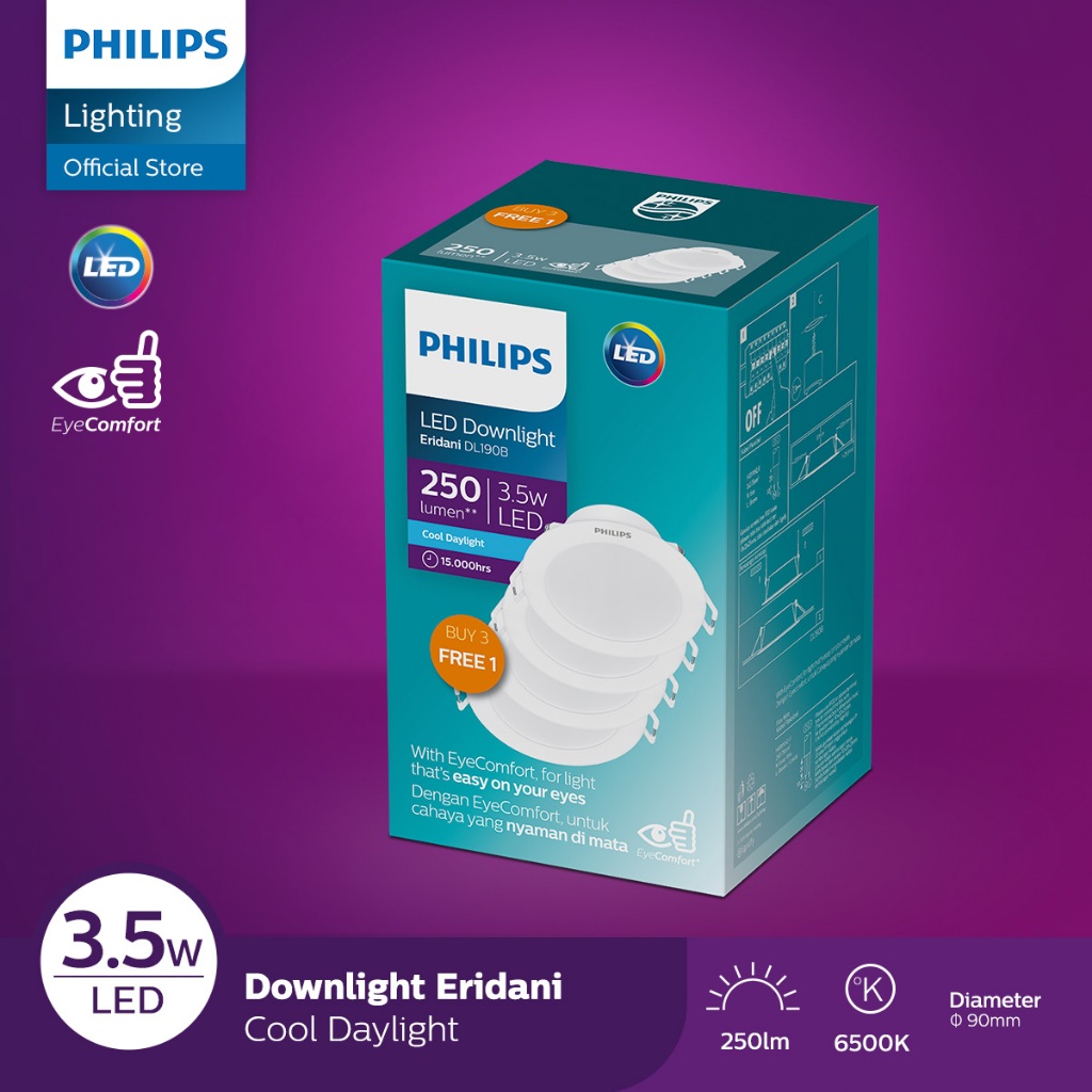 Jual Philips Multipack Downlight Eridani DL190B LED3 D80 3.5W 865 WH ...