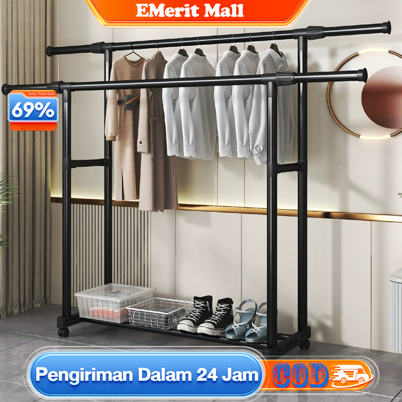 Jual Stand Hanger Double Rak Gantungan Baju Serbaguna Dengan 4 Roda Rak ...