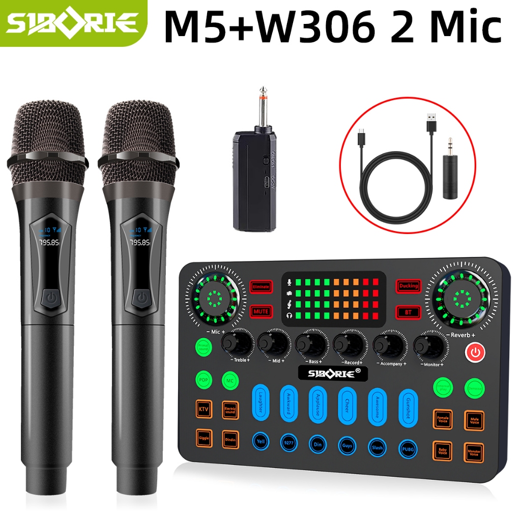 Jual Siborie【COD】M5 Sound Card + W306 Two Wireless microphone Mikrofon ...