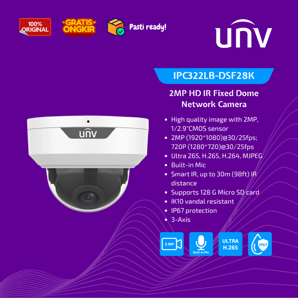 Jual UNV IPC322LB-DSF28K Uniview CCTV 2MP HD IR Fixed Dome Network ...