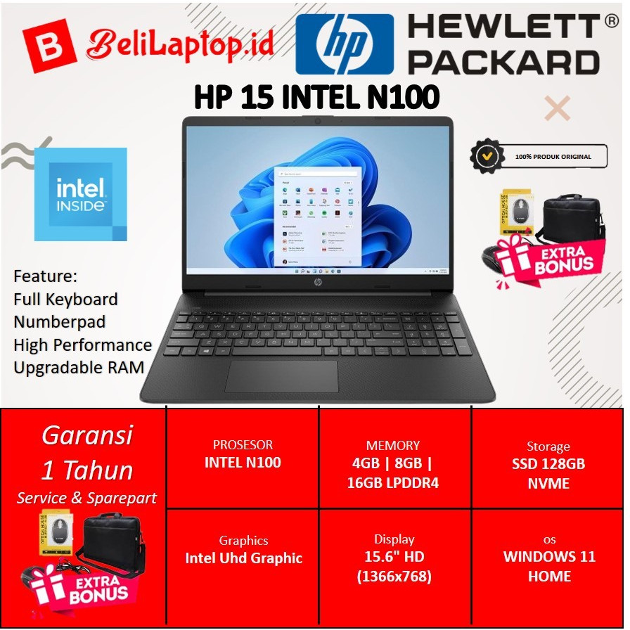 Jual Laptop Baru Murah Hp 15 Intel N 100 4 Core Ram 8GB SSD 128GB ...