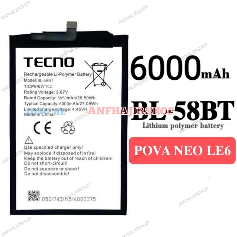 Jual BATRE BATERAI TECNO POVA NEO LE6 BL-58BT BATRAI BATTERY TECNO POVA ...