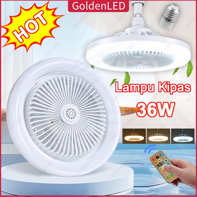 Jual Golden LED Lampu Kipas Angin Remote 2in1 36W E27 Plafon Fan Ceiling Cahaya Lampu tiga warna ...