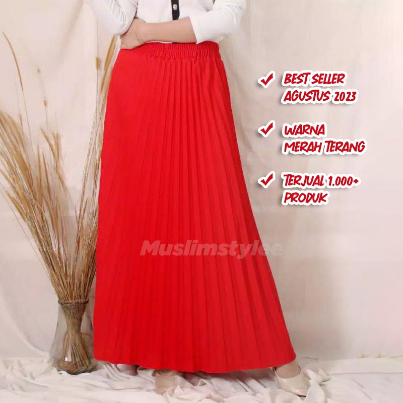 Jual ROK PLISKET PLEAT SKIRT PANJANG POLOS WANITA PREMIUM MUSLIM STYLE RED MERAH ROK PLISKET ...