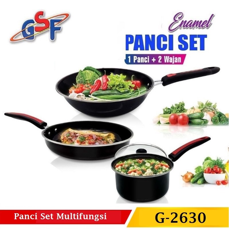 Jual Panci Set Enamel GSF G-2630 Frypan Tutup kaca Wajan Wok Dan ...