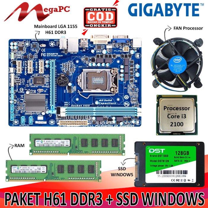 Jual Paket Rakitan Mainboard 1155 H61 DDR3 + Core i3 2100 + RAM + SSD + Windows | Shopee Indonesia