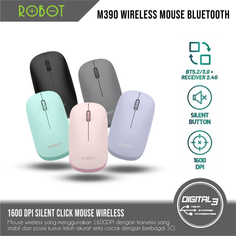 Jual ROBOT M390 Mouse Wireless 1600DPI Silent Click Optical 2.4GHz Bluetooth | Shopee Indonesia