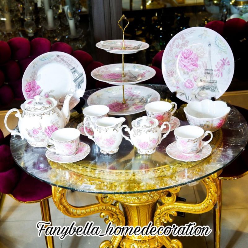 Jual Prasmanan Tier Mangkok piring keramik Tea Set motif Paris Pink ...