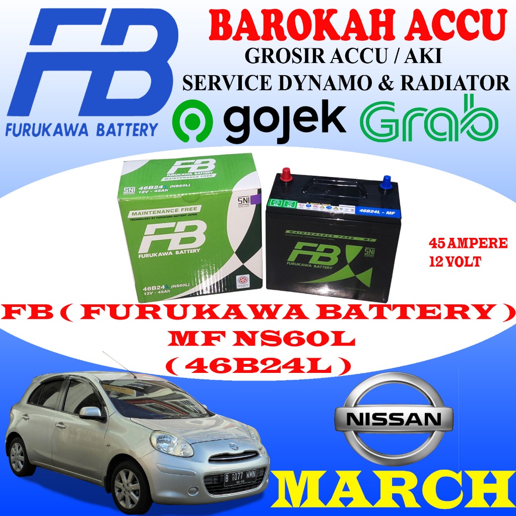 Jual AKI MOBIL NISSAN MARCH FB FURUKAWA BATTERY MF NS60L / 46B24L, 45 AH MAINTENANCE FREE ...