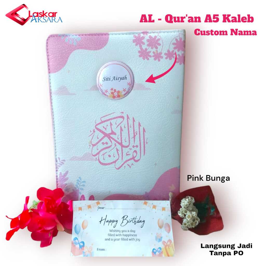 Jual AL-Qur'an Kaleb Pink Bunga / Quran Resleting Custom Nama Ukuran A5 ...