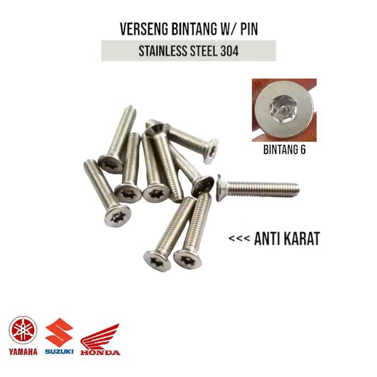 Jual (5 Pcs ) Baut Verseng Torq M8 x 10 / Baut countersunk w / pin M8 x 10 / BAUT BINTANG 6 M8 x ...