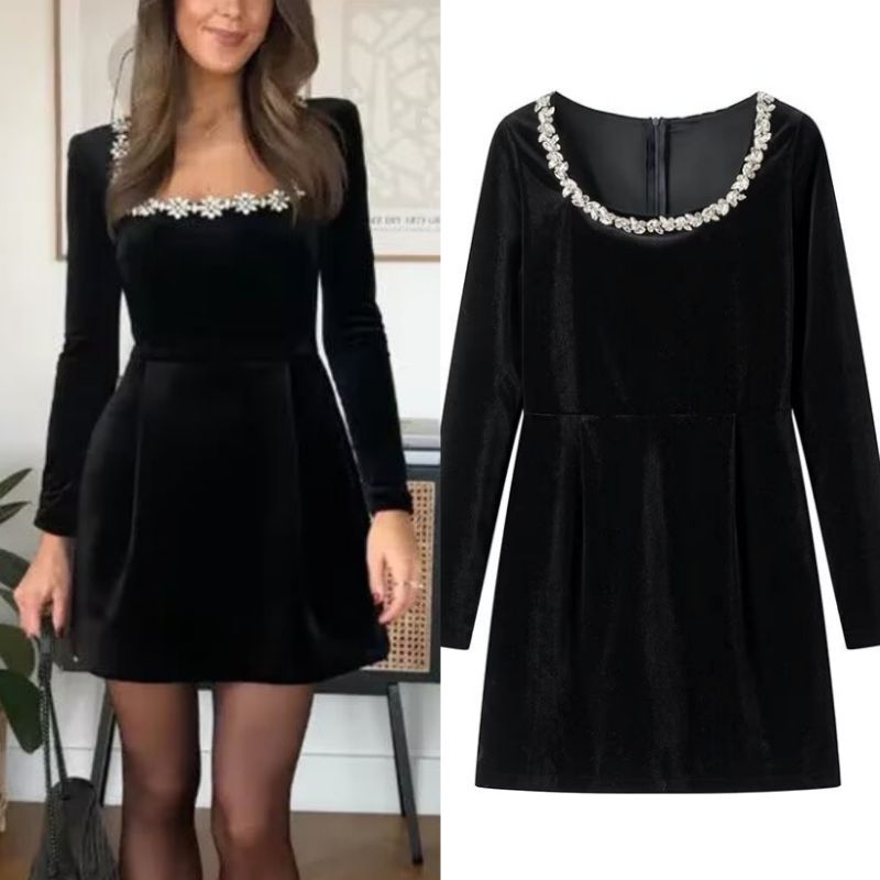 Jual Black Pearl Neck Mini Dress Velvet 74981 | Shopee Indonesia