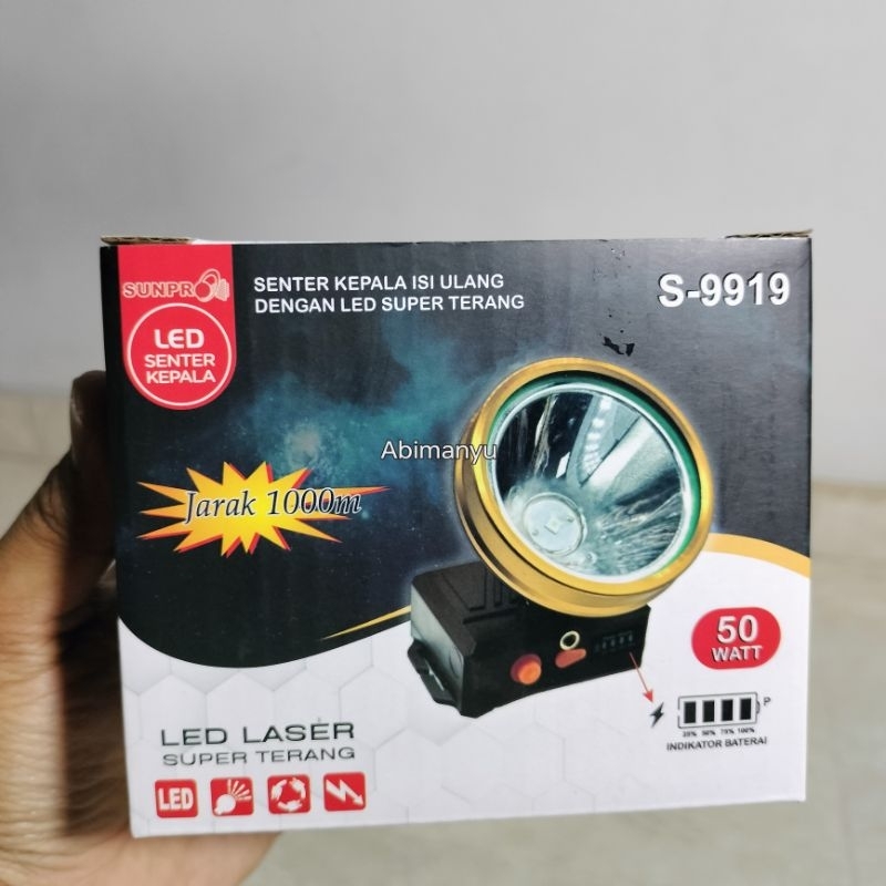Jual senter kepala sunpro LED laser 50 watt SL-9919 INDIKATOR baterai ...
