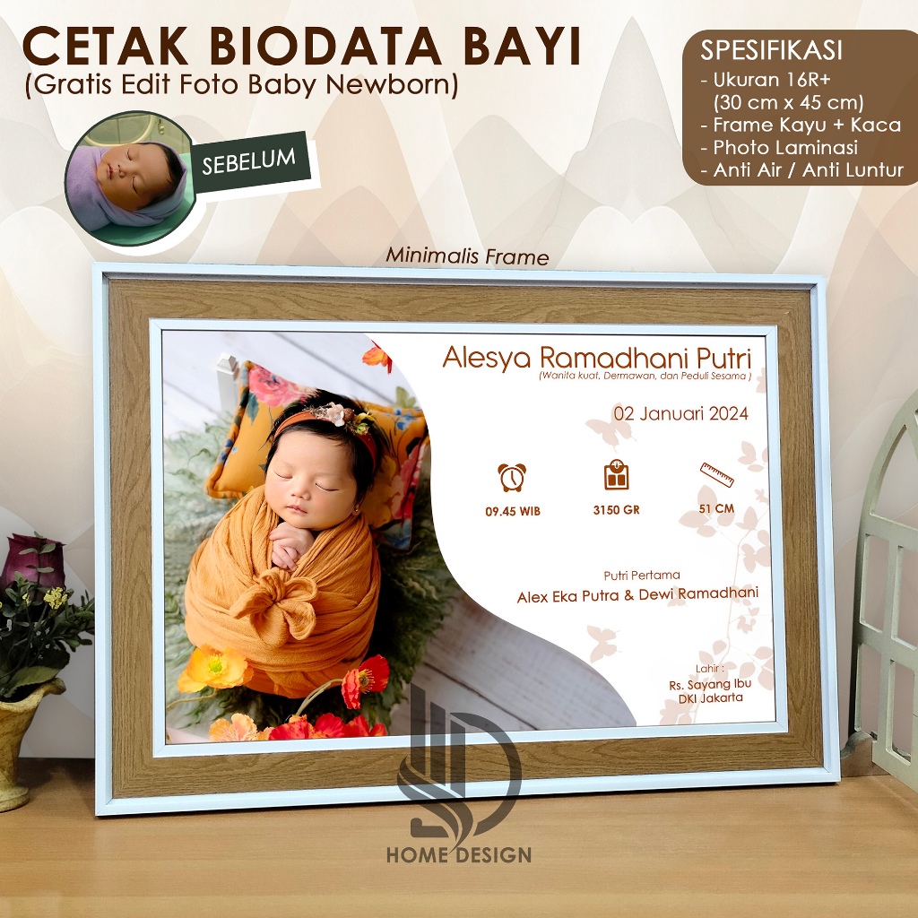 Jual Cetak Biodata Bayi Dan Edit Foto Baby Newborn Size 16R+ Frame ...