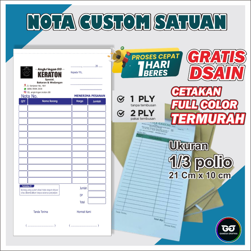 Jual cetak nota custom ukuran 1/3 polio 2 ply nota nama toko sendiri ...