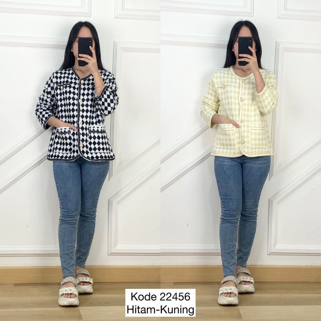 Jual 22456 OUTER BLAZER RAJUT BULU MOTIF PATTERN DIAMOND BENANG GOLD ...