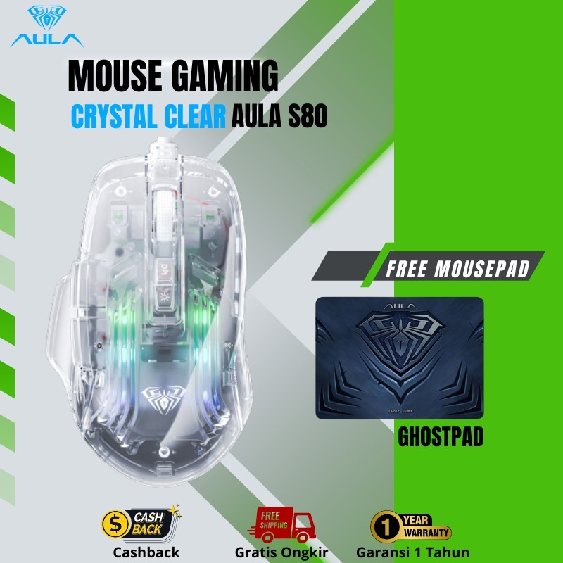 Jual Terbaru AULA S80 Transparent Wired Gaming Mouse RGB 1200-7200DPI ...