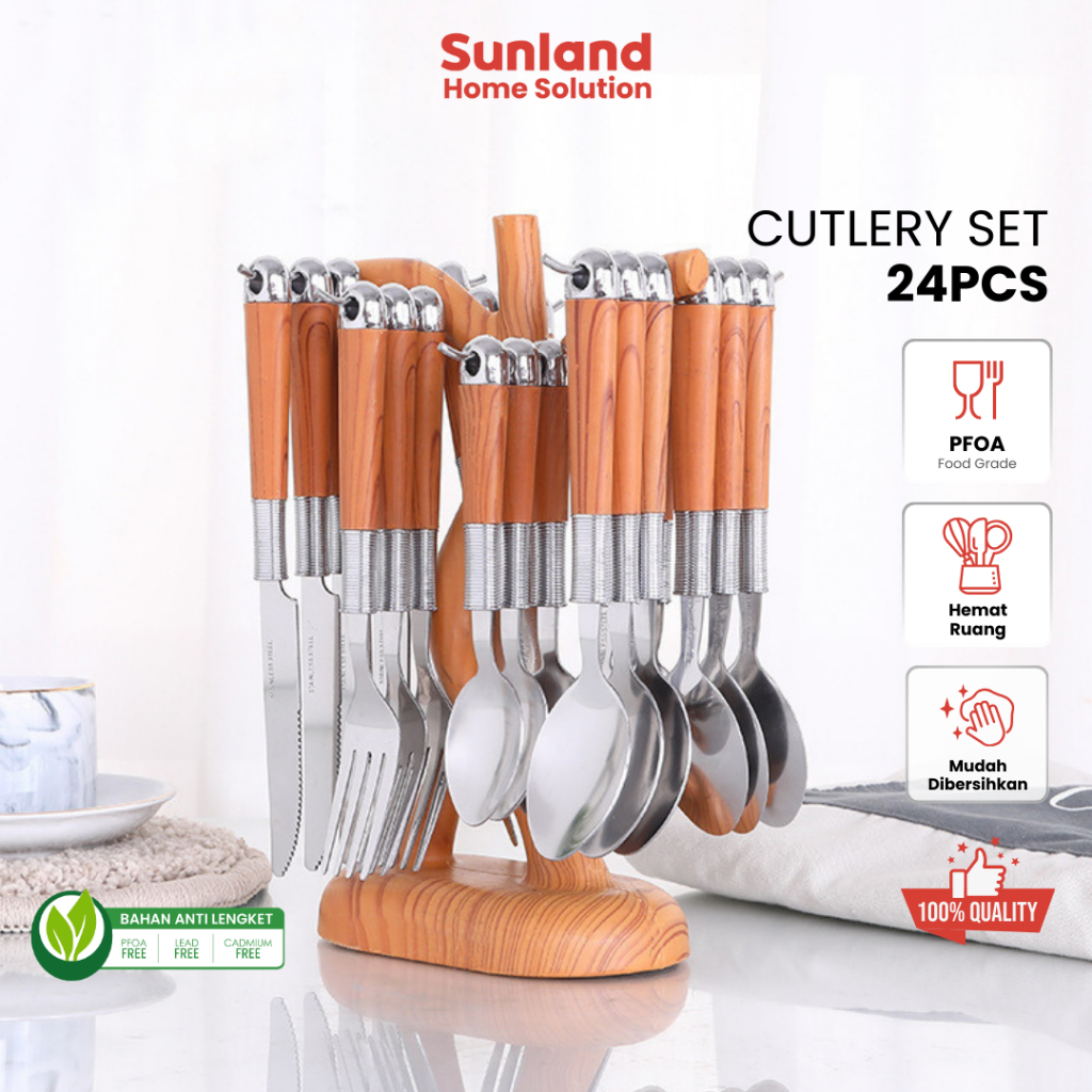Jual Sunland Home Solution - Sendok Cutlery Set 24pcs Wooden Handle Sendok Garpu Pisau Set ...