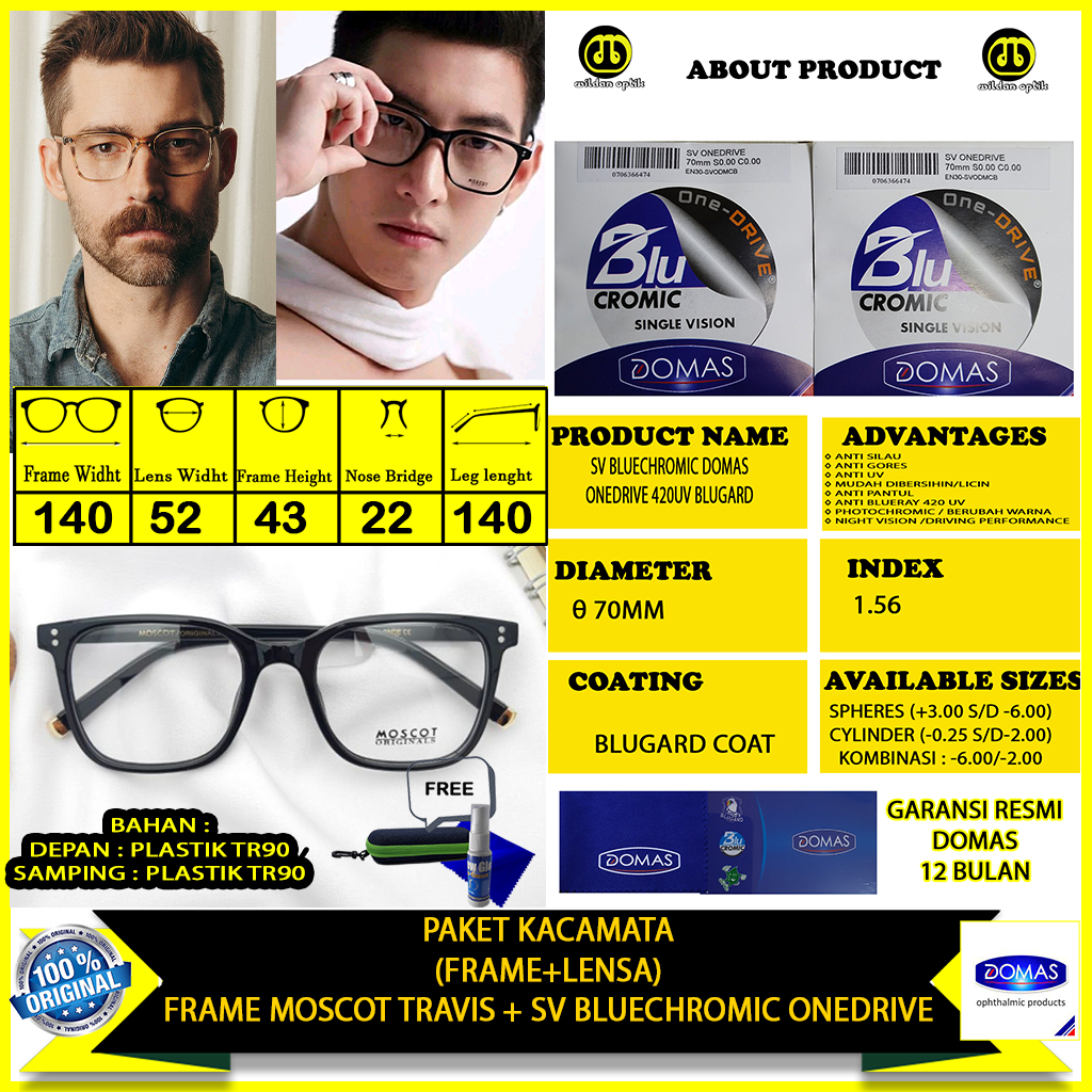 Jual Paket Kacamata Pria Bluechromic Onedrive Night vision Domas Moscot ...