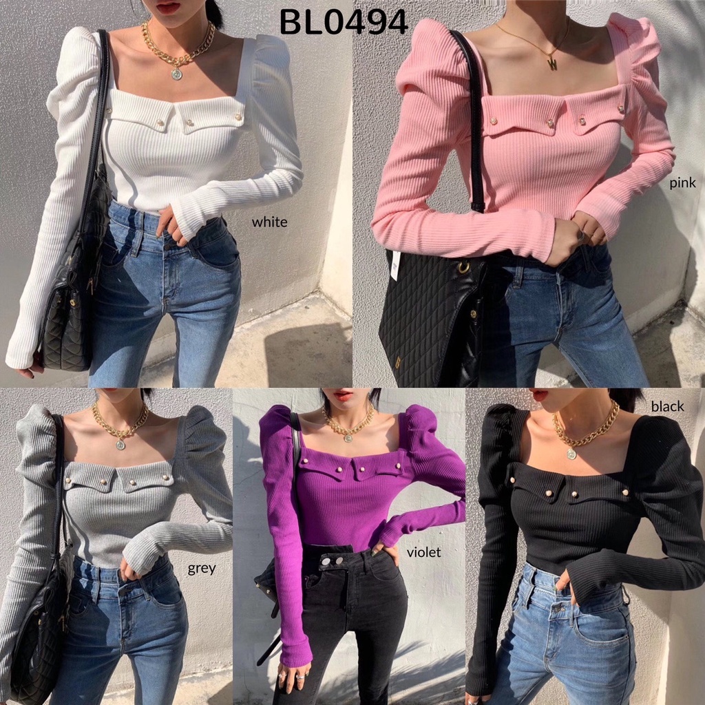 Jual Flip Square Neck Velvet Knit Blouse BL0494 | Shopee Indonesia