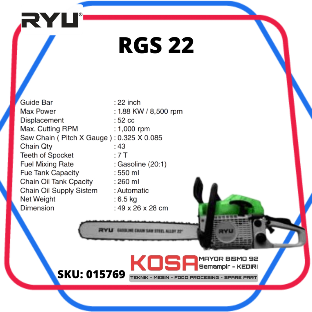 Jual RYU Chainsaw 2 Tak RGS22 Mesin Potong Gergaji Kayu 22 Inch RGS 22 ...