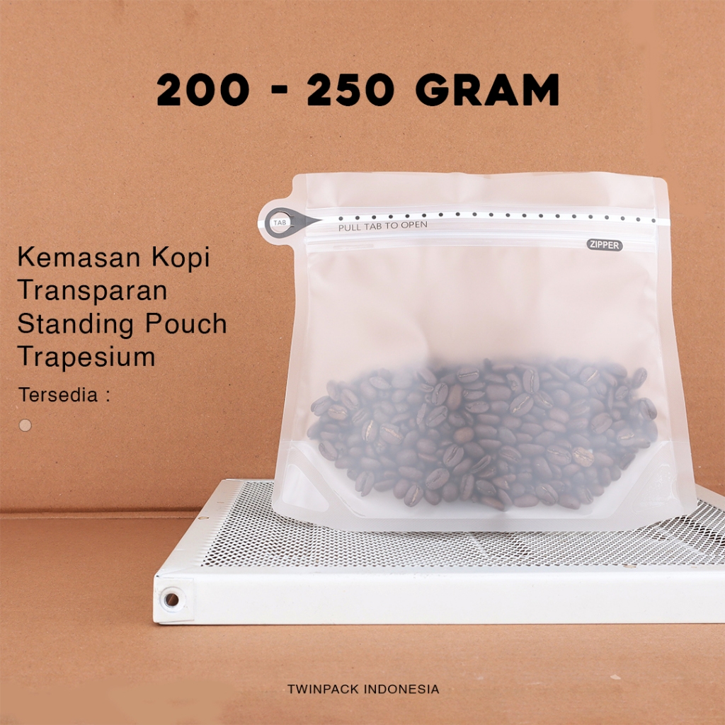 Jual Kemasan Kopi 200 - 250 Gram Transparan Standing Pouch Trapesium Wide Packaging Kopi ...