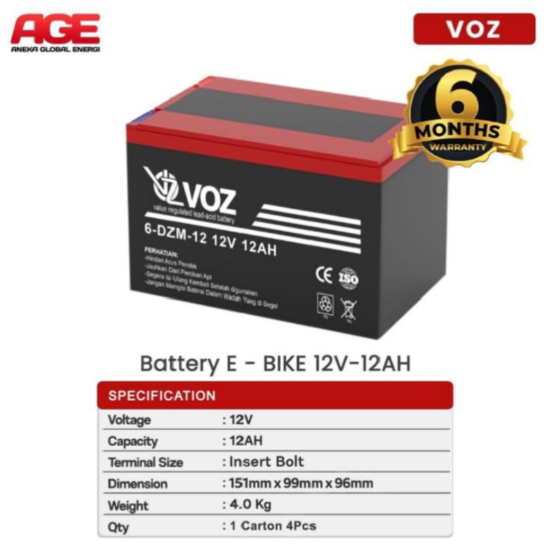 Jual VOZ VRLA FM 12V 12 Ah E-Bike - Baterai Aki Kering Sepeda Listrik - Garansi | Shopee Indonesia