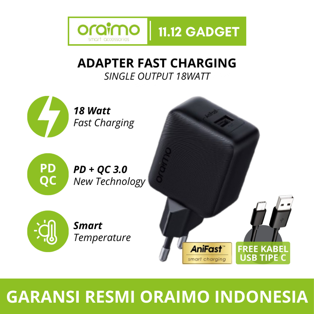 Jual Oraimo Charger Cannon 18W OCW-E5184 Fast Charging Quick Charge PD ...
