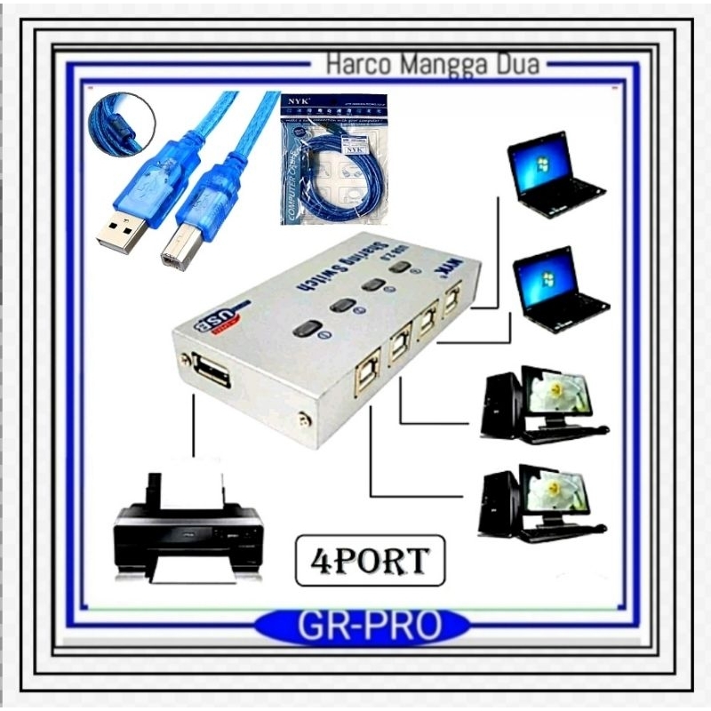 Jual auto switch printer 4port plus kabel USB printer 3 meter paket NYK | Shopee Indonesia