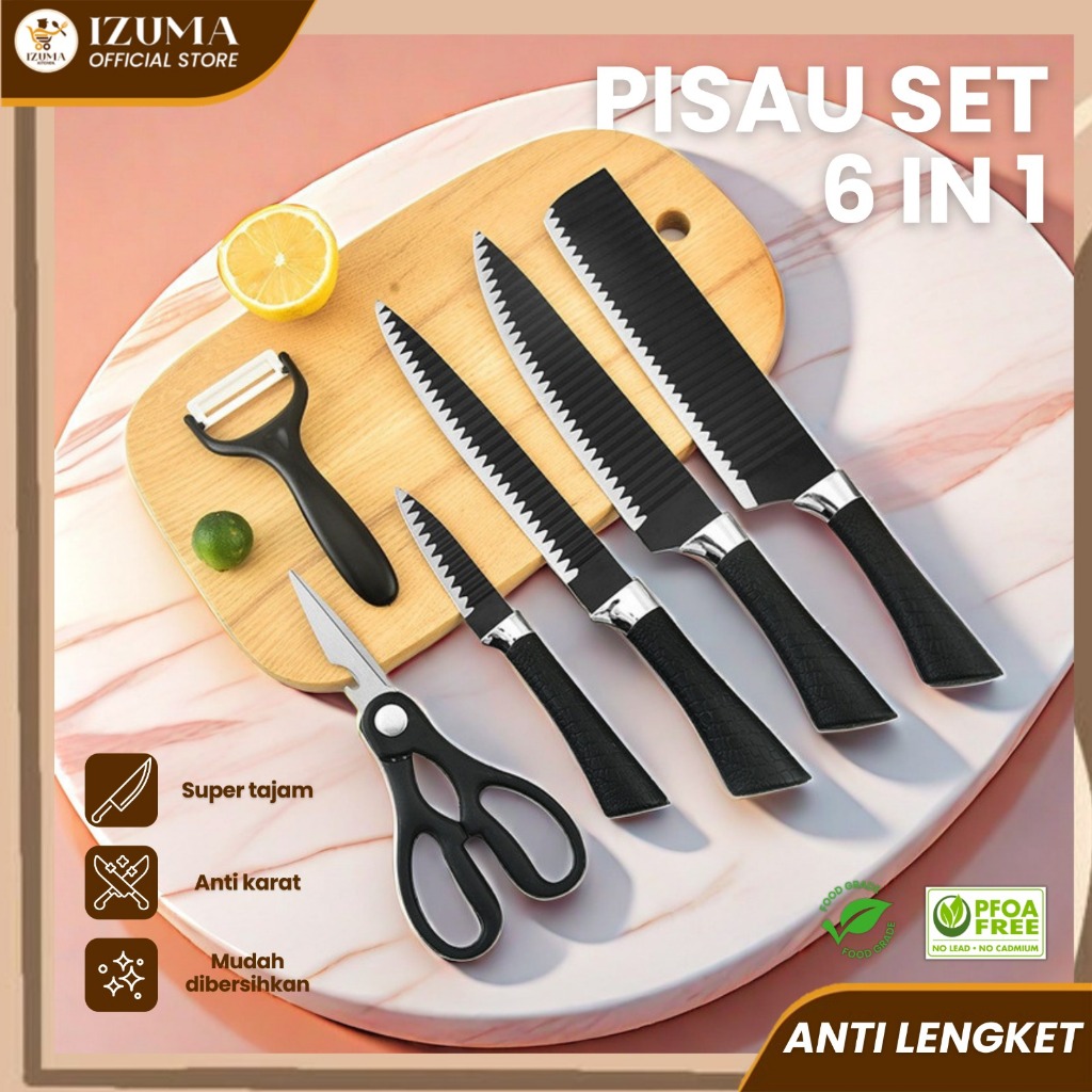Jual IZUMA Pisau Set Stainless Steel 6 in 1 Black Edition Premium 𝗦𝗲𝘁 ...