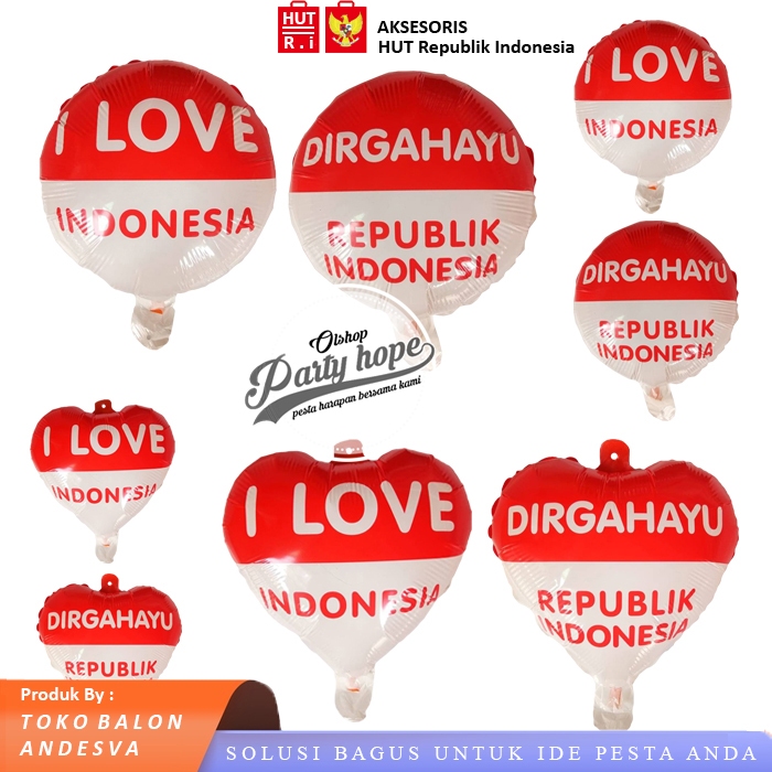 Jual isi 50 Balon foil HUT RI bulat hati / balon foil i love indonesia ...