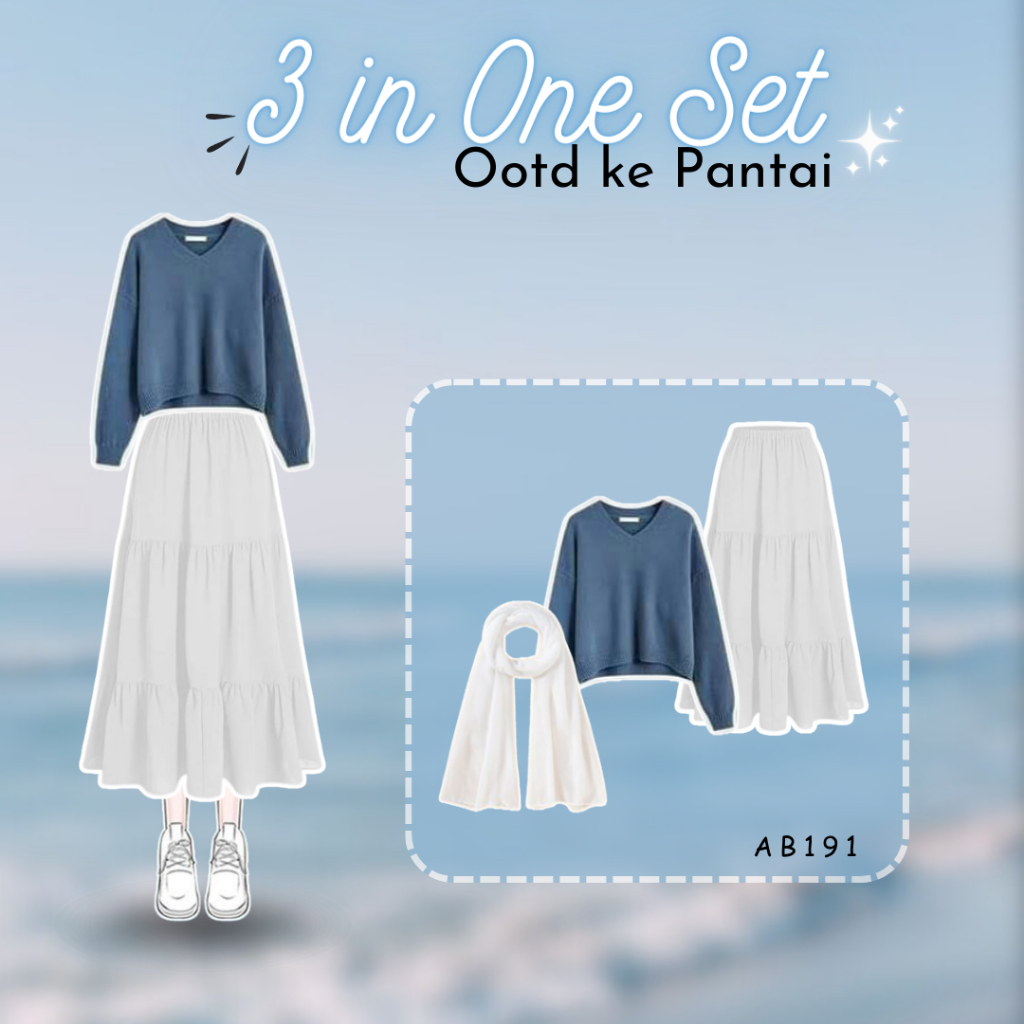 Jual 3 In 1 Set AB191 - One Set Wanita Korean Style Hijab | Ootd Study Tour Hangout Outfit ke ...