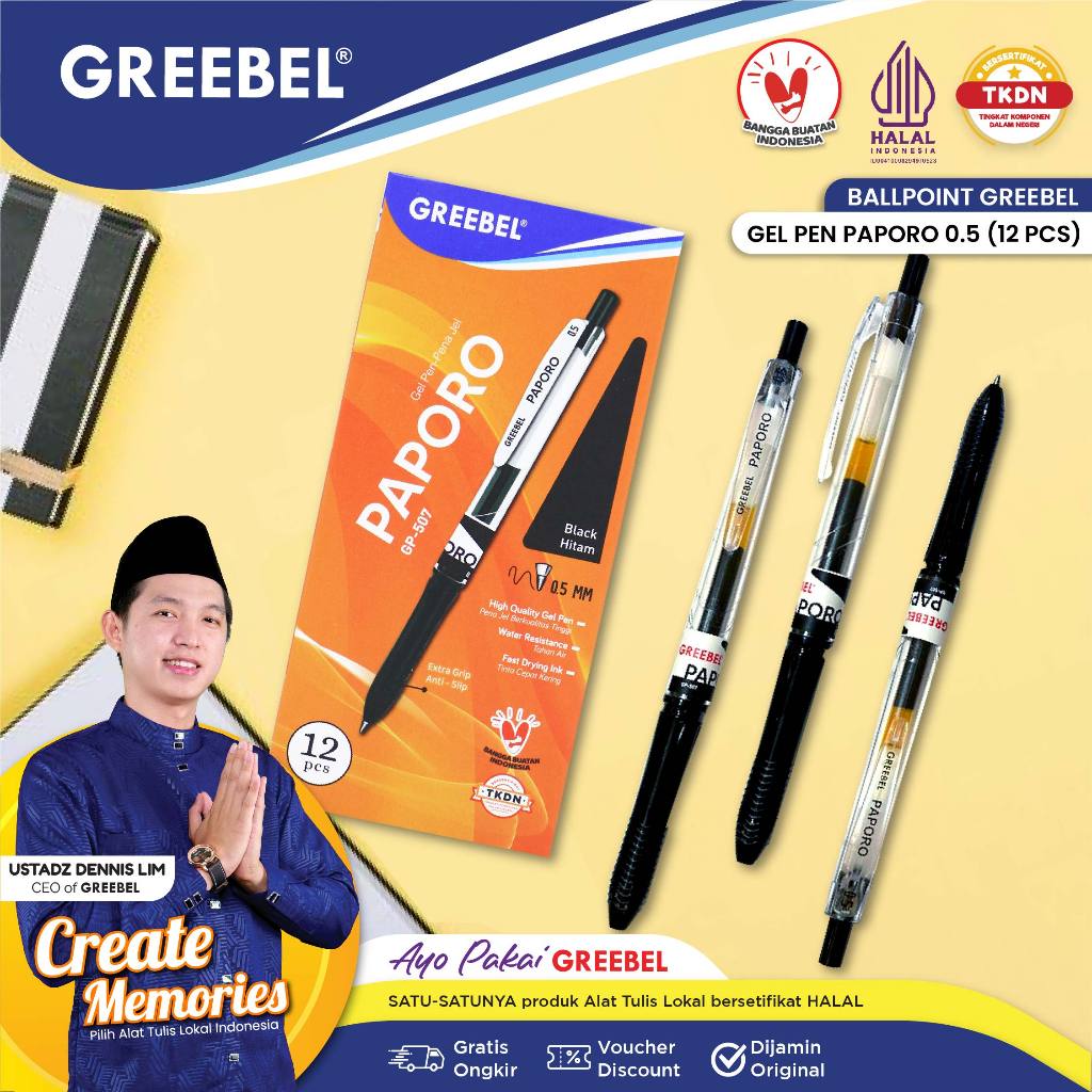 Jual GREEBEL GEL PEN GP-507 PAPORO 0.5 Pulpen Gel Black / Pulpen ...