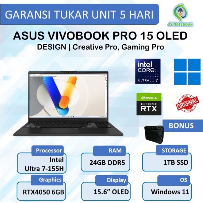 Jual Asus Vivobook Pro 15 Oled N6506 RTX4050 6GB/ Intel Ultra 7-155H 24GB 1TB 15.6" 3K | Shopee ...