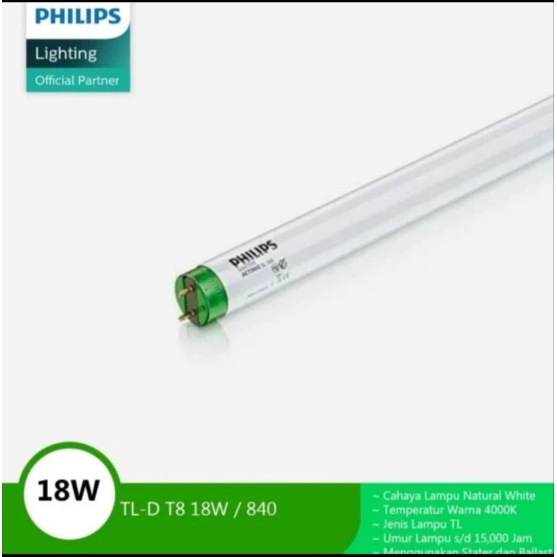 Jual Lampu TLD 18W 840 Philips TL 18Watt Super Bright Boost 840 Cool White 4000K 18 Watt TL Neon ...