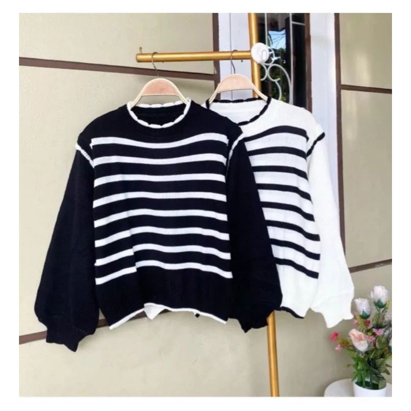 Jual SWEATER RAJUT/ATASAN WANITA KNIT TANGAN BALON MODEL STRiP | Shopee Indonesia