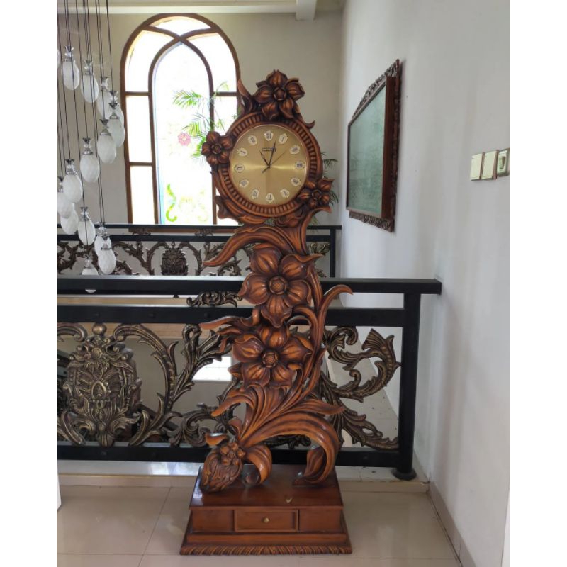 Jual lemari jam hias ukir motif bunga kayu jati Jepara jam dinding ukir ...