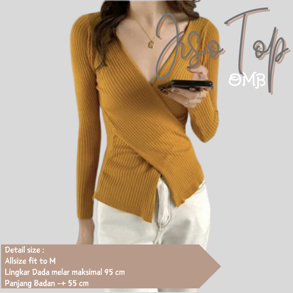Jual Atasan Silang Jiso top wrap korean style v neck atasan rajut wanita lengan panjang -#OMB ...